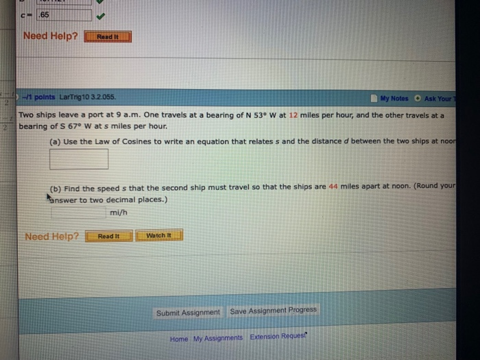Solved c65 Need Help? Readit O points LarTrig10 3.2.055. My | Chegg.com Solved c65 Need Help? Readit O points LarTrig10 3.2.055. My | Chegg.com