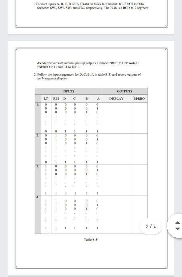 Solved 1.Connect inputs A, B, C, D of Us (7448) on biock b | Chegg.com