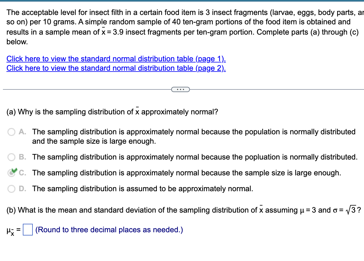 Solved The acceptable level for insect filth in a certain | Chegg.com