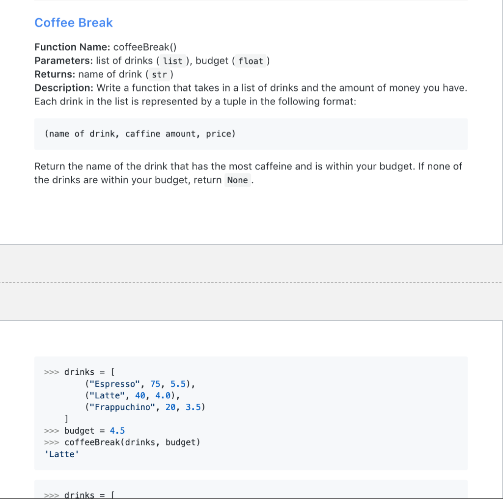 Solved Coffee Break Function Name: coffeeBreak () | Chegg.com