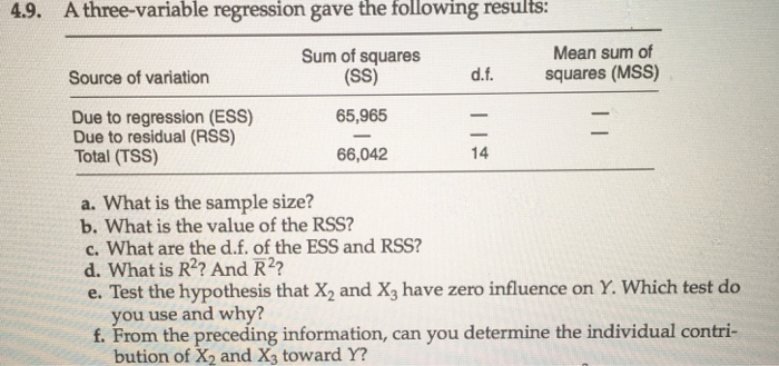 Solved 4.9. A three-variable regression gave the following | Chegg.com