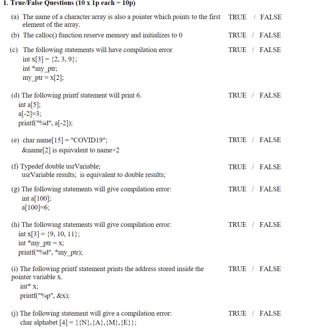 Solved 1. True/False Questions (10×1p each =10p) (a) The | Chegg.com