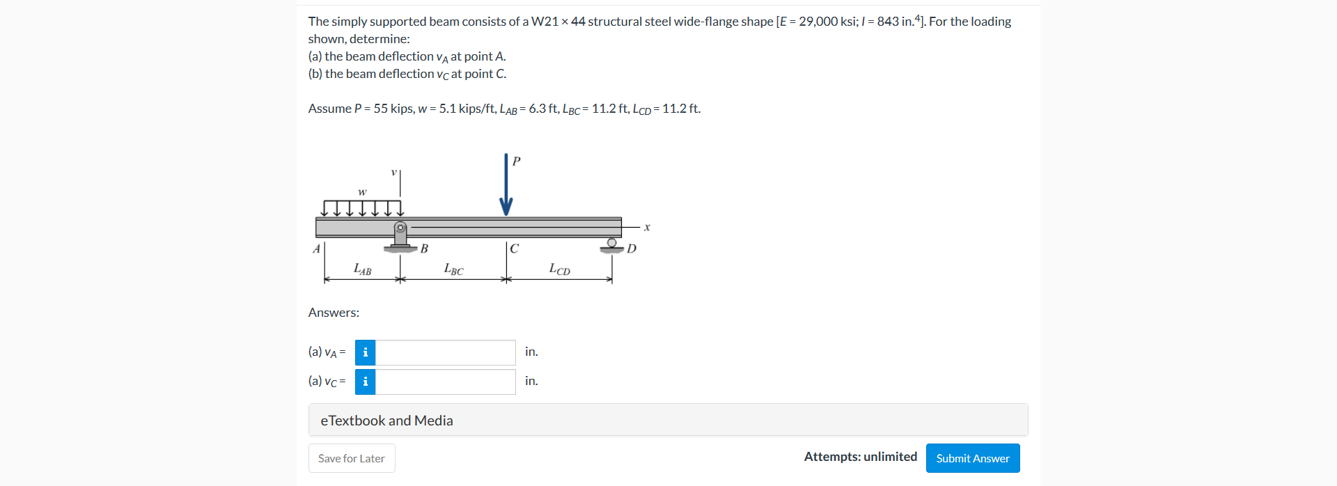Solved The simply supported beam consists of a W21 x 44 | Chegg.com