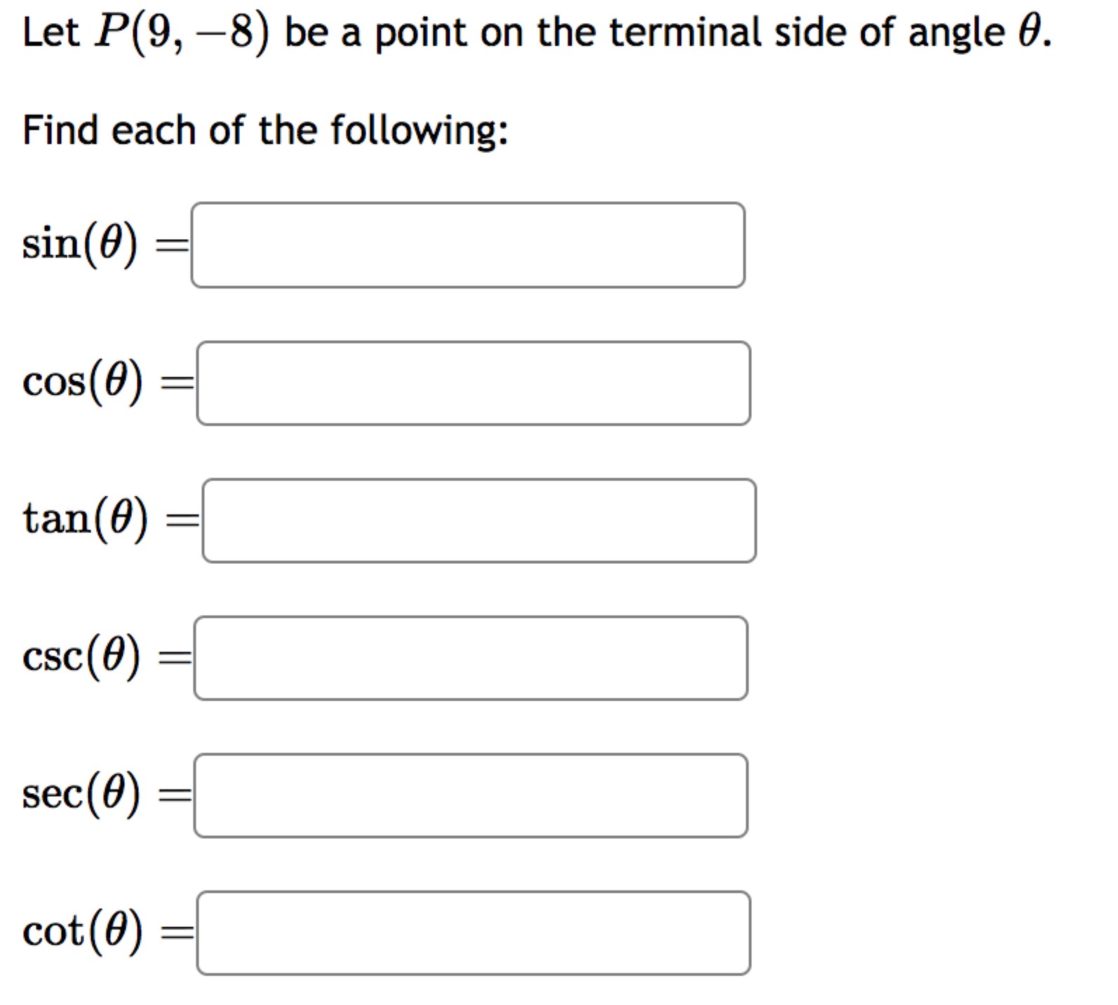 Let P(9,-8) ﻿be a point on the terminal side of angle | Chegg.com