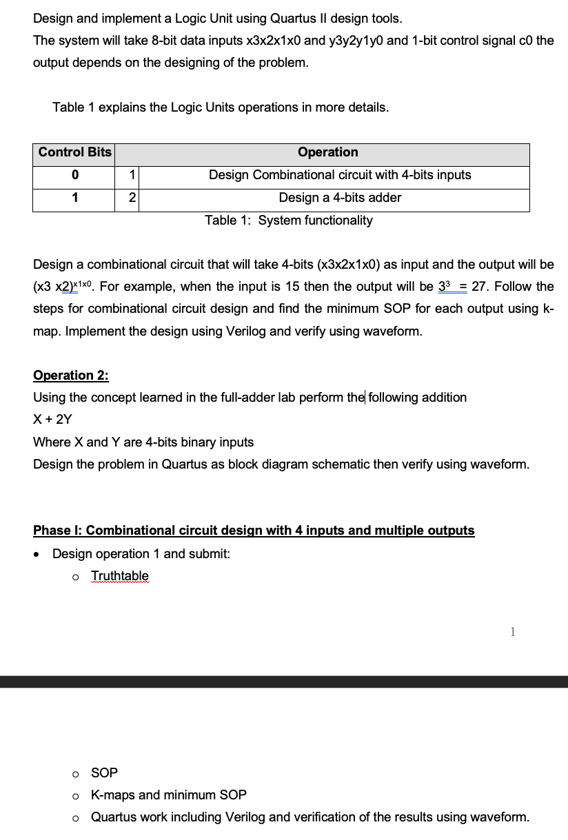 Design and implement a Logic Unit using Quartus Il | Chegg.com