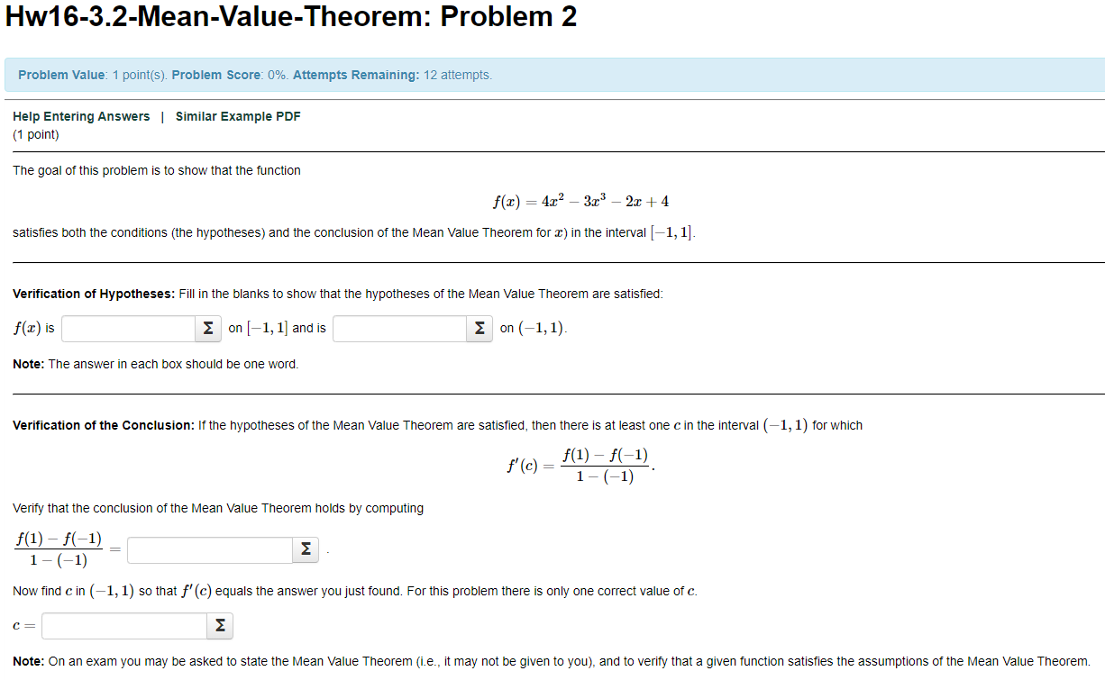 Solved Hw16-3.2-Mean-Value-Theorem: Problem 2 Problem Value: | Chegg.com