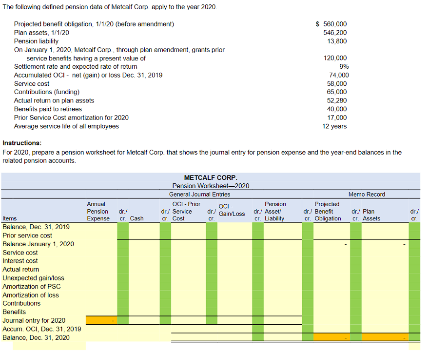 Solved Instructions: For 2020, prepare a pension worksheet | Chegg.com