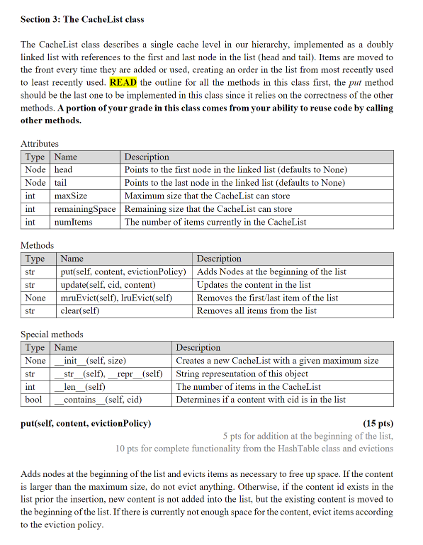 Solved Section 3: The CacheList class The CacheList class | Chegg.com