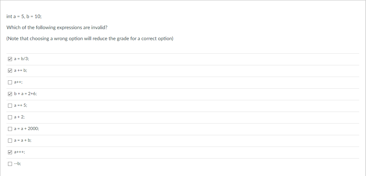 Solved int a = 5, b = 10; Which of the following expressions | Chegg.com