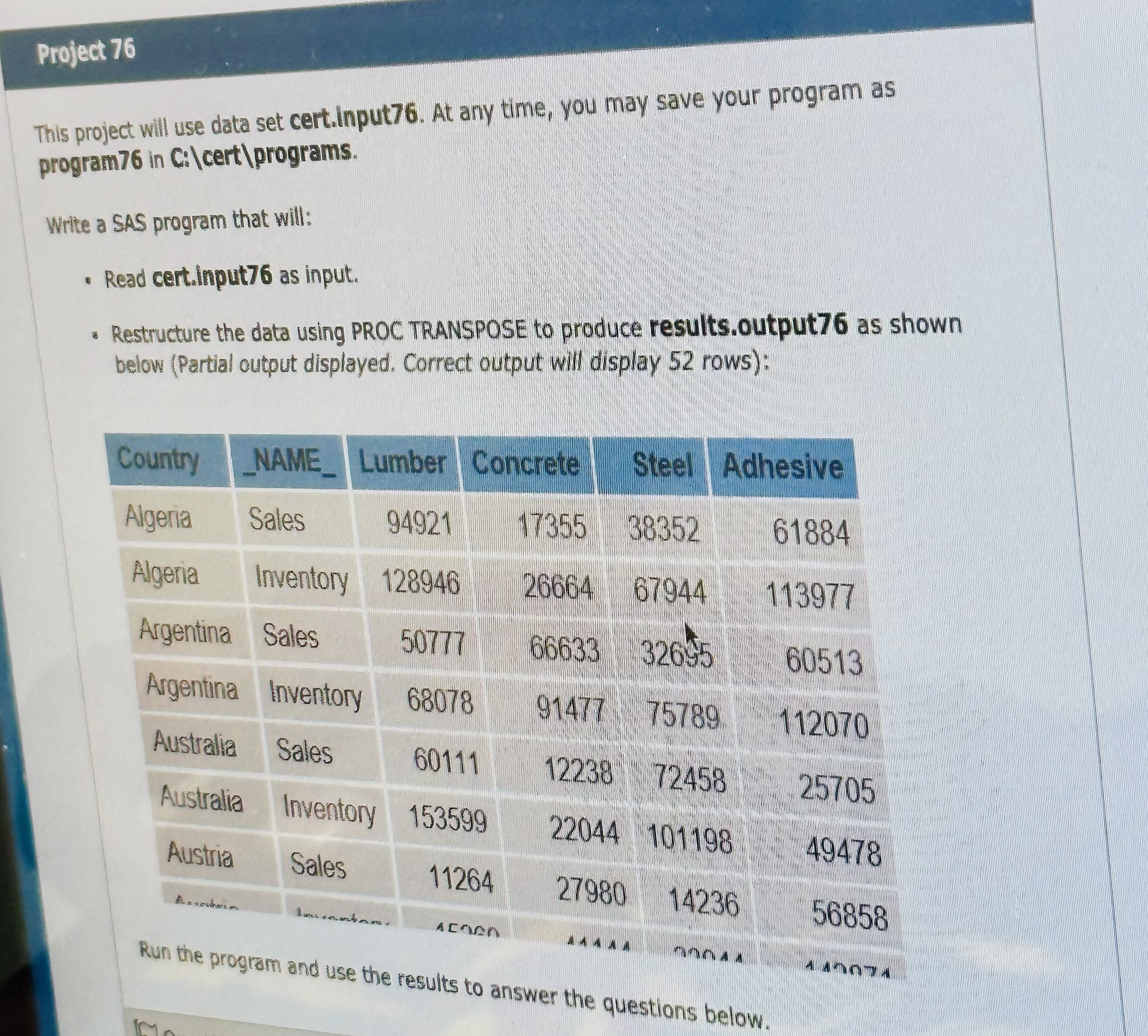 Project 76This project will use data set certinput76. | Chegg.com
