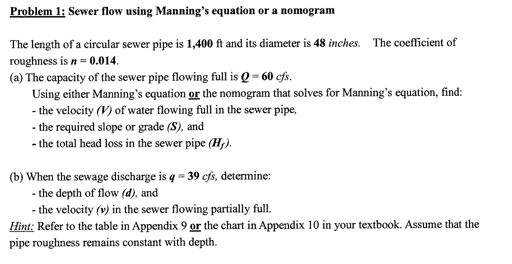 Solved Problem 1: Sewer flow using Manning's equation or a | Chegg.com