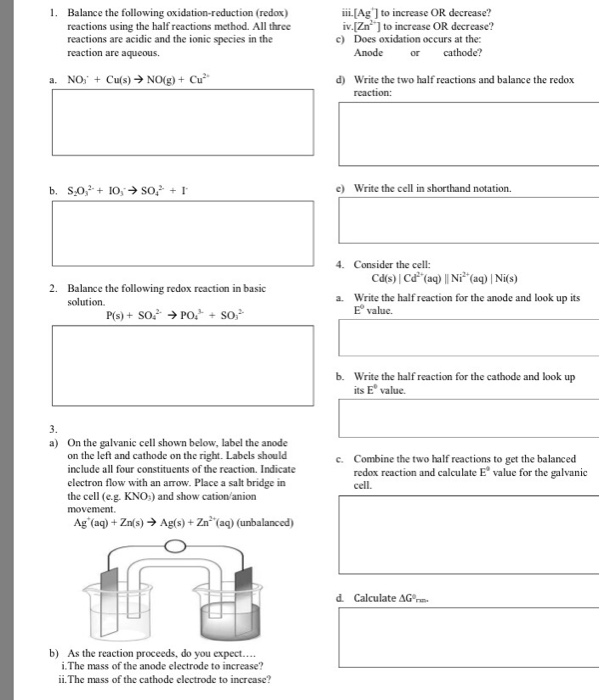 Solved 1. Balance the following oxidation-reduction (redox) | Chegg.com