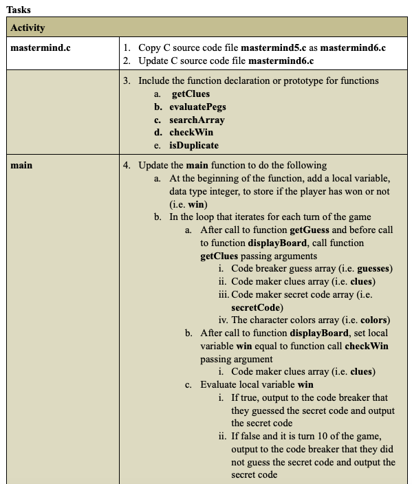 Solved Tasks Activity mastermind.c main 1. Copy C source | Chegg.com