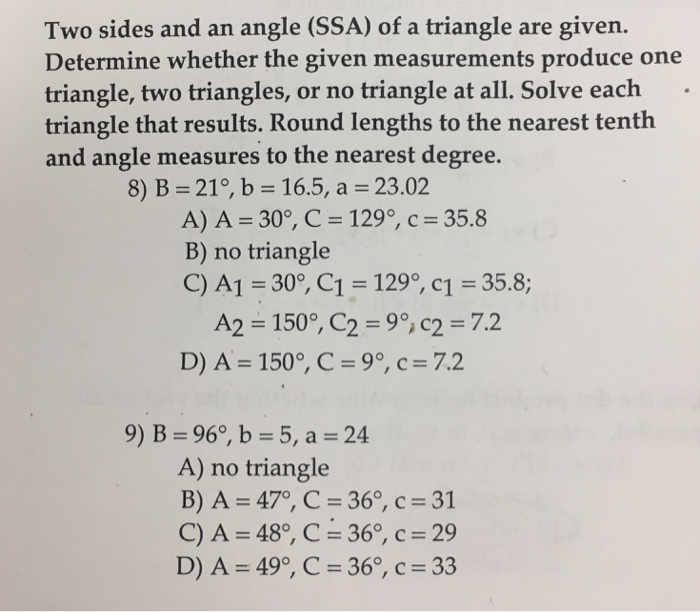 Solved Two sides and an angle (SSA) of a triangle are given. | Chegg.com