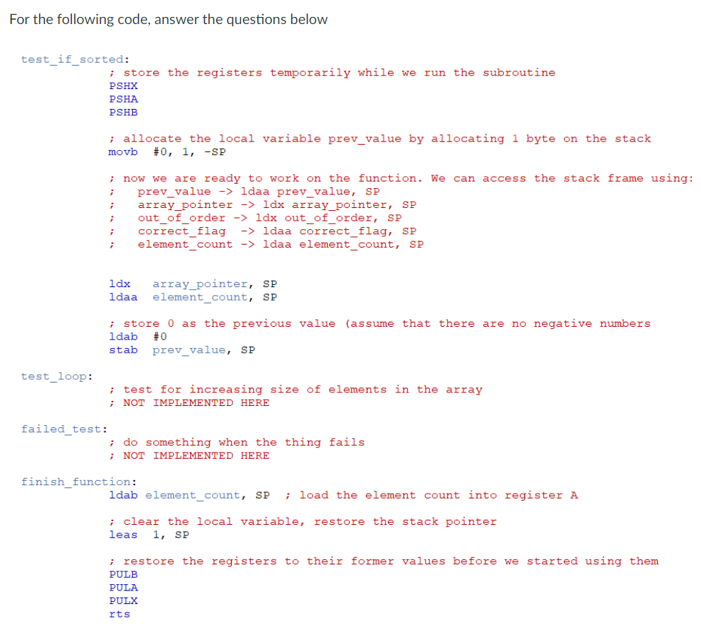 For the following code, answer the questions below | Chegg.com