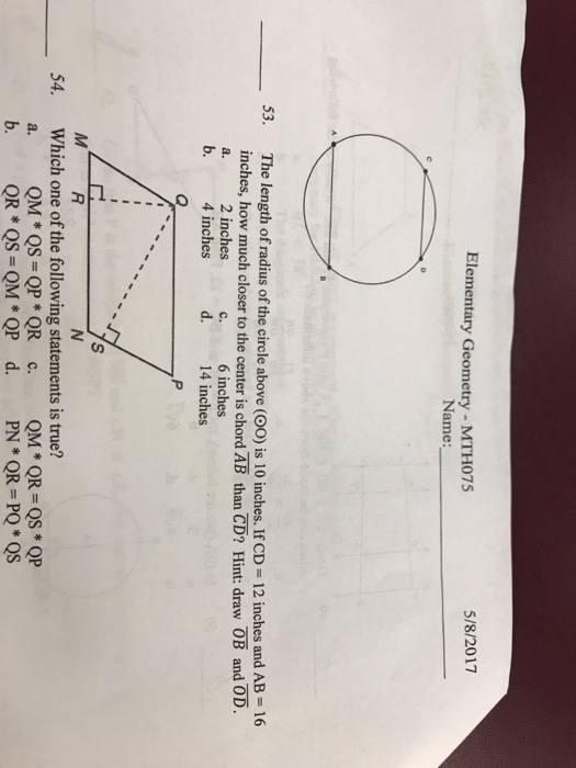 Solved The length of radius of the circle above (O) is 10 | Chegg.com