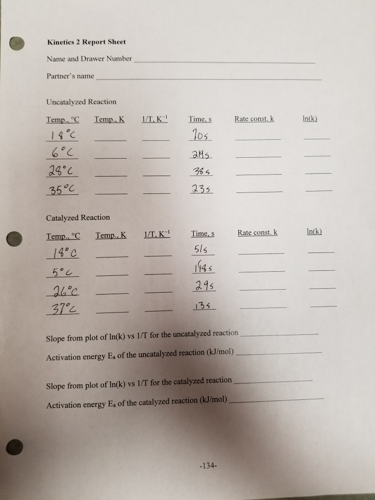 Kinetics 2 Report Sheet Name and Drawer Number | Chegg.com