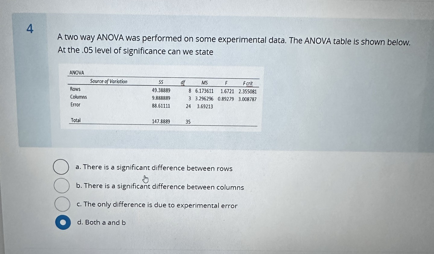Solved 4A two way ANOVA was performed on some experimental | Chegg.com