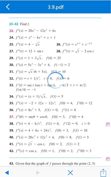 Solved 3.9.pdf 23-42 Find f. 23. f"(x) = 20x3 - 12x + 6x 24. | Chegg.com