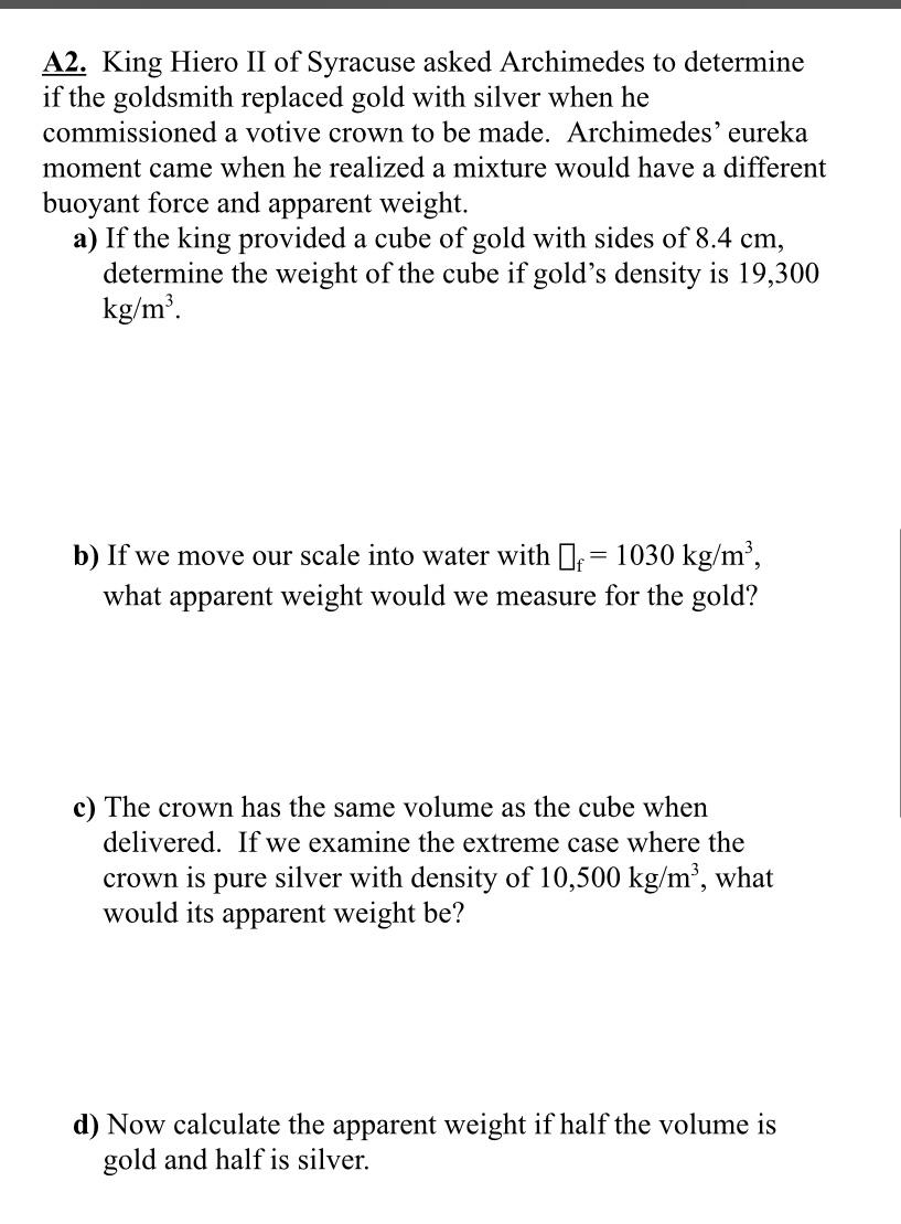 Solved A2. King Hiero II of Syracuse asked Archimedes to | Chegg.com
