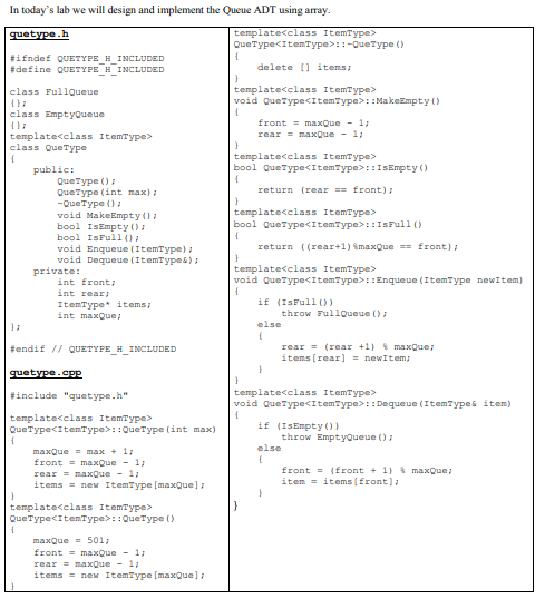 Solved In today's lab we will design and implement the Queue | Chegg.com