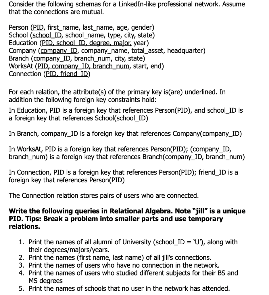 Consider the following schemas for a LinkedIn-like | Chegg.com