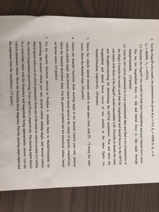 Solved For the Dugoms tire model, the parameters are given | Chegg.com