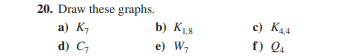 Solved 20. Draw these graphs. a) K7 b) K1,8 c) K4,4 d) C7 e) | Chegg.com