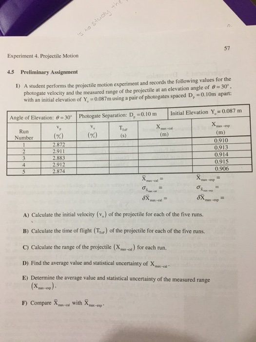 Solved Experiment 4. Projectile Motion 4.5 Preliminary | Chegg.com