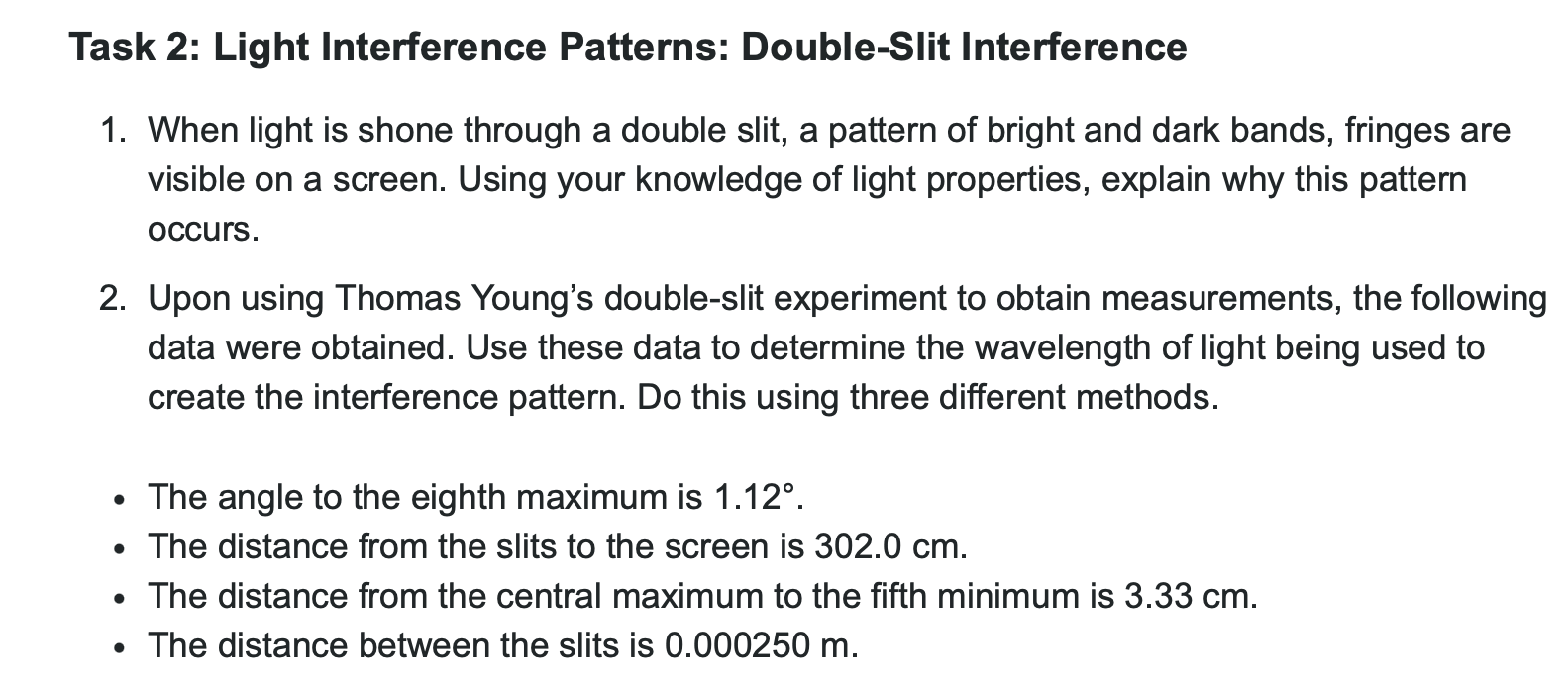 Solved Task 2: Light Interference Patterns: Double-Slit | Chegg.com