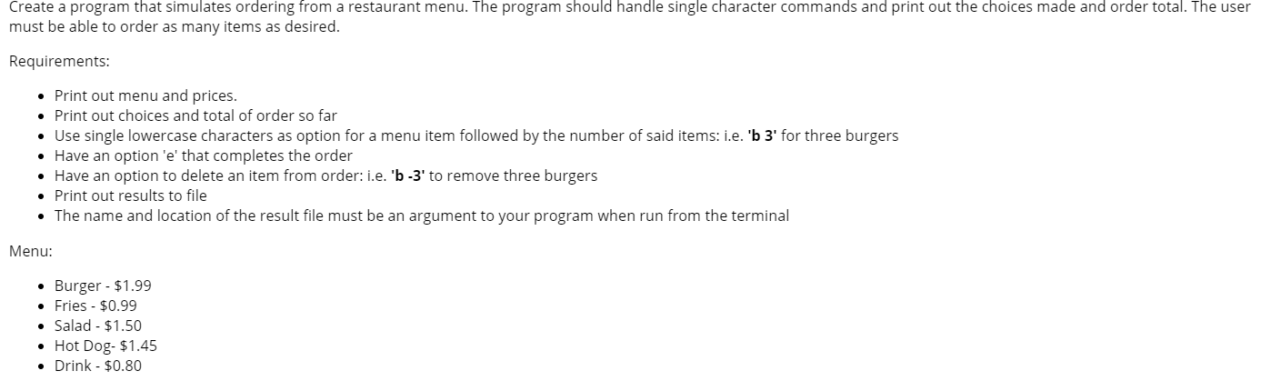 Solved Create A Program That Simulates Ordering From A