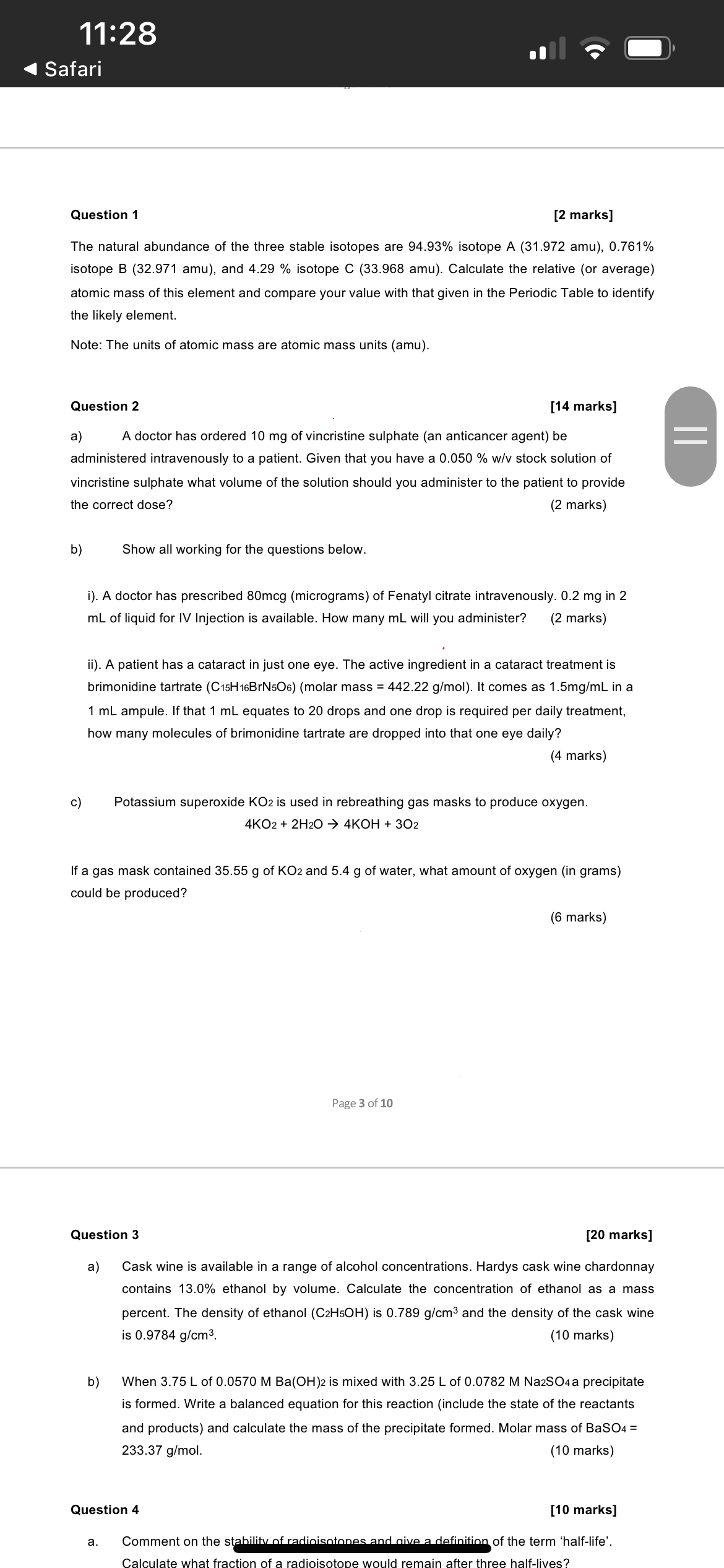 Solved The natural abundance of the three stable isotopes | Chegg.com