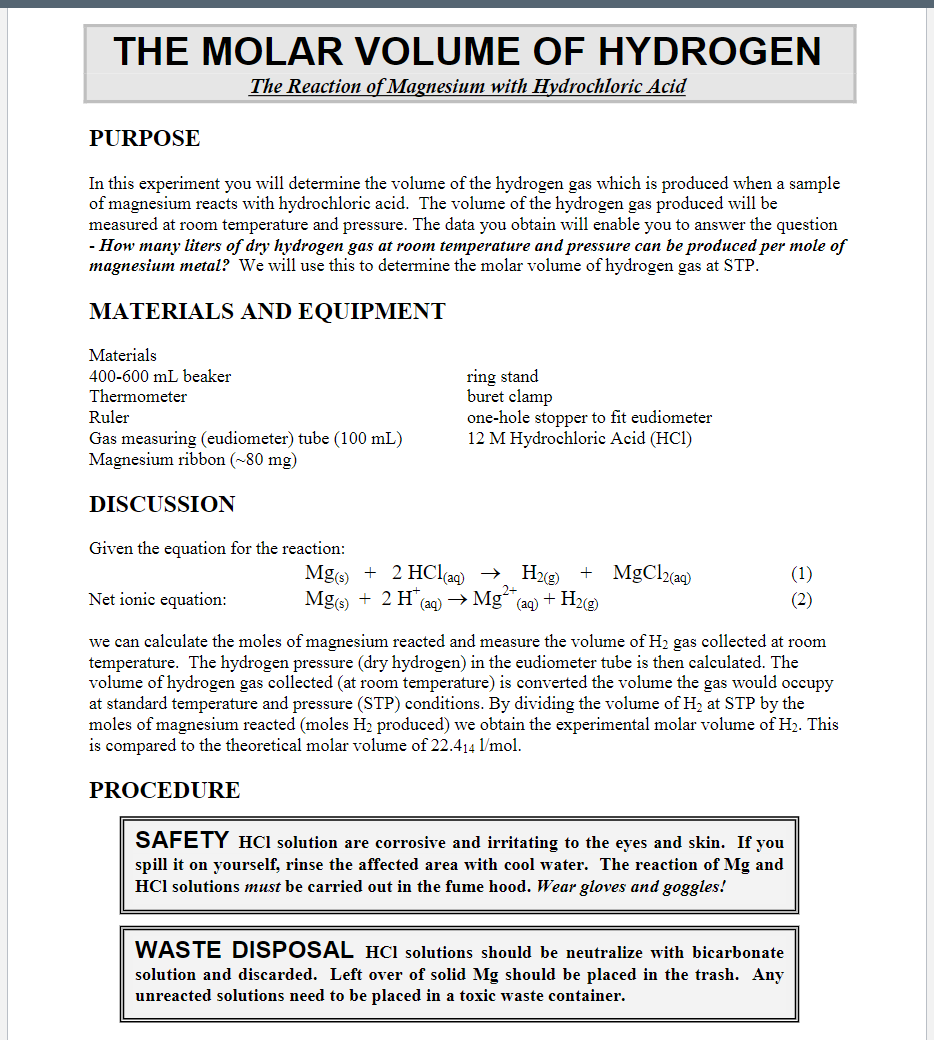 Solved THE MOLAR VOLUME OF HYDROGEN The Reaction of | Chegg.com