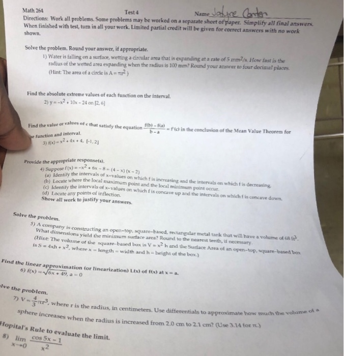 Solved Name Je Test 4 Math 264 Directions: Work all | Chegg.com