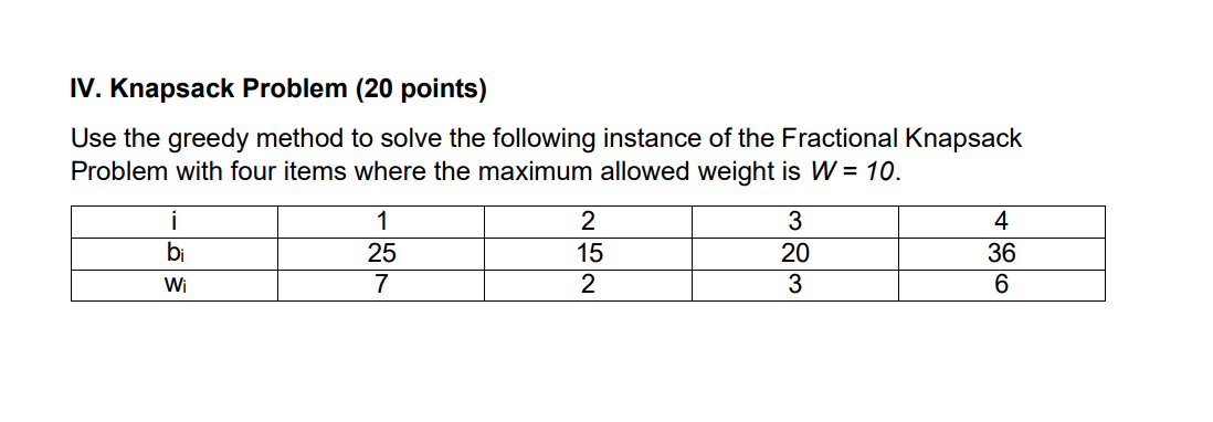 Solved IV. Knapsack Problem (20 points) Use the greedy | Chegg.com Solved IV. Knapsack Problem (20 points) Use the greedy | Chegg.com