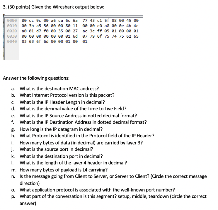 Solved 3. (30 points) Given the Wireshark output below: 0000 | Chegg.com