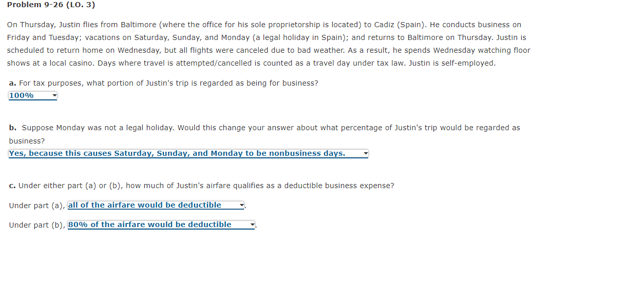 Solved Problem 9-26 (LO. 3) On Thursday, Justin flies from | Chegg.com