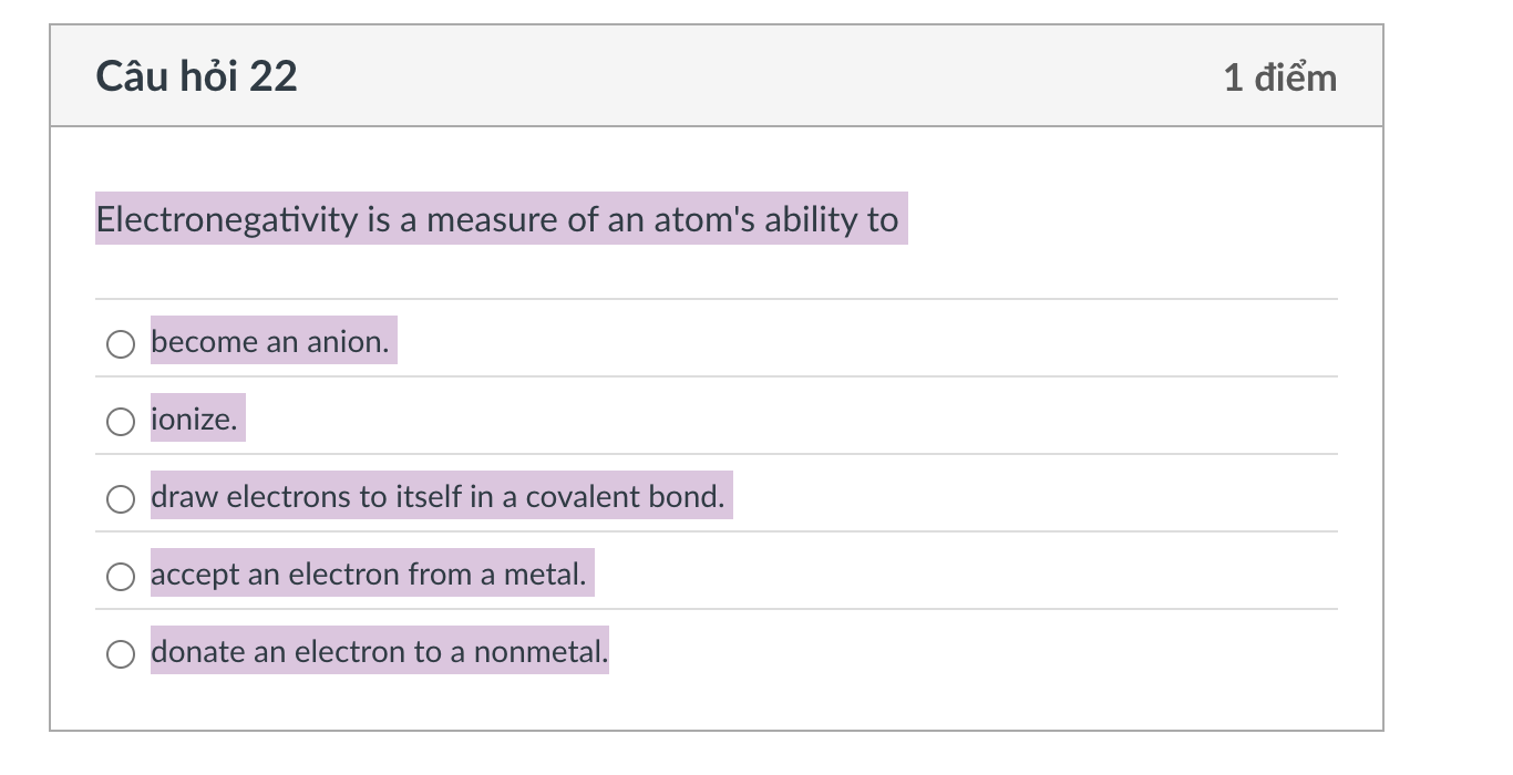 Solved Câu hỏi 221 điểmElectronegativity is a measure of an | Chegg.com