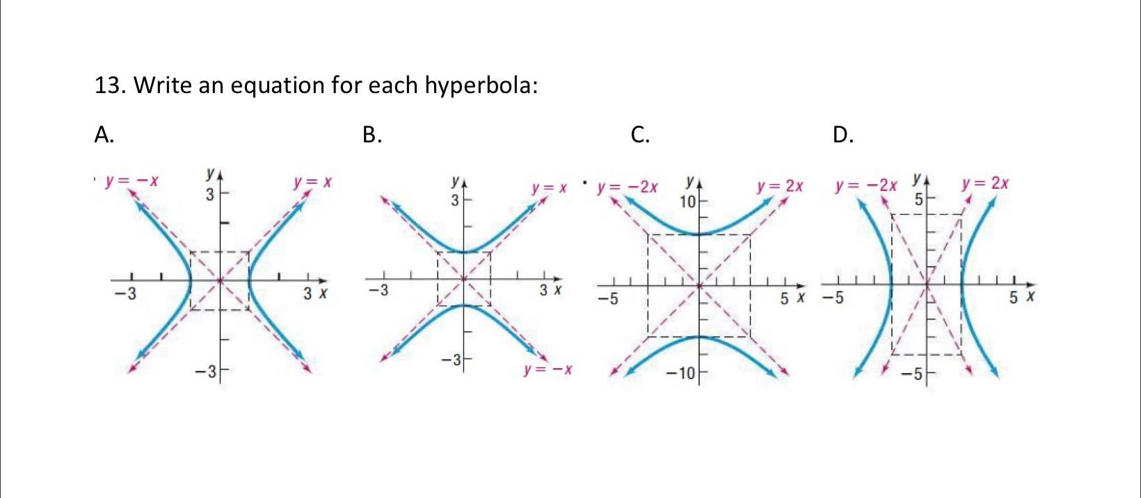 Solved 13. Write an equation for each hyperbola: A. B. C. D. | Chegg.com