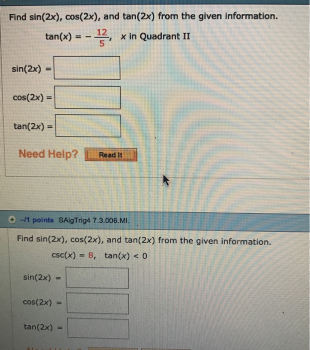 Solved Find sin(2x), cos(2x), and tan(2x) from the given | Chegg.com