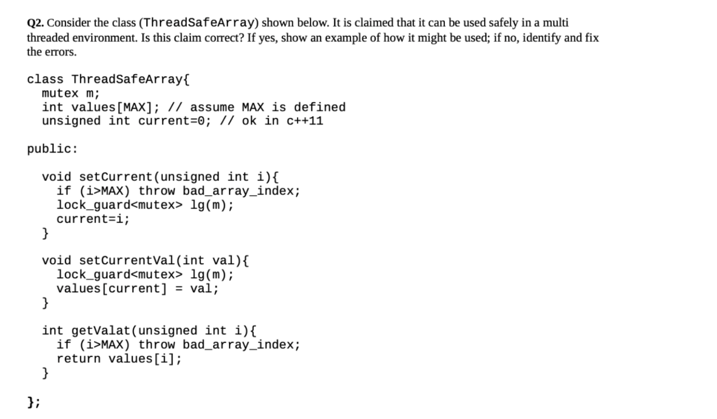 Solved Q2. Consider the class (ThreadSafeArray) shown below. | Chegg.com