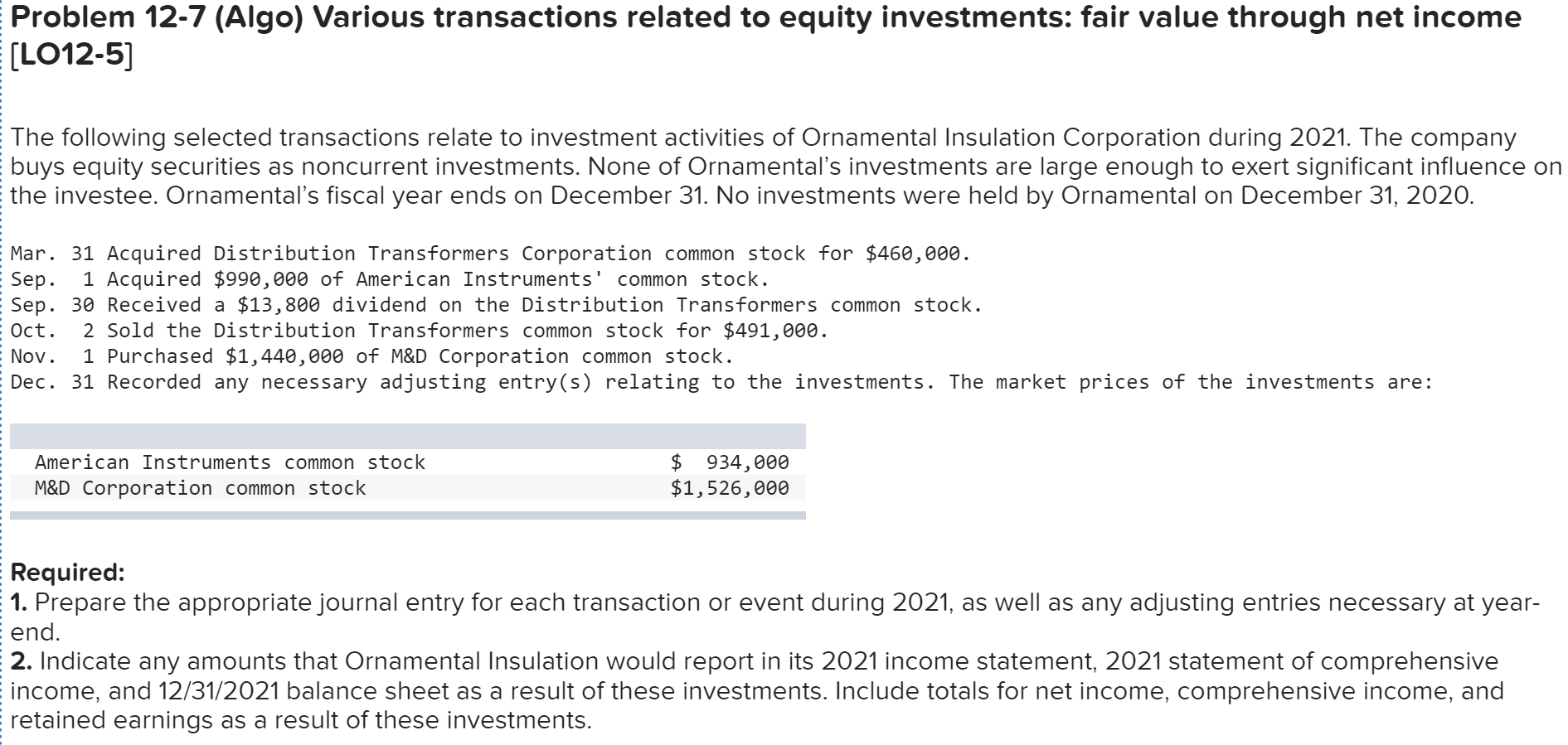 Solved Problem 12-7 (Algo) Various transactions related to | Chegg.com