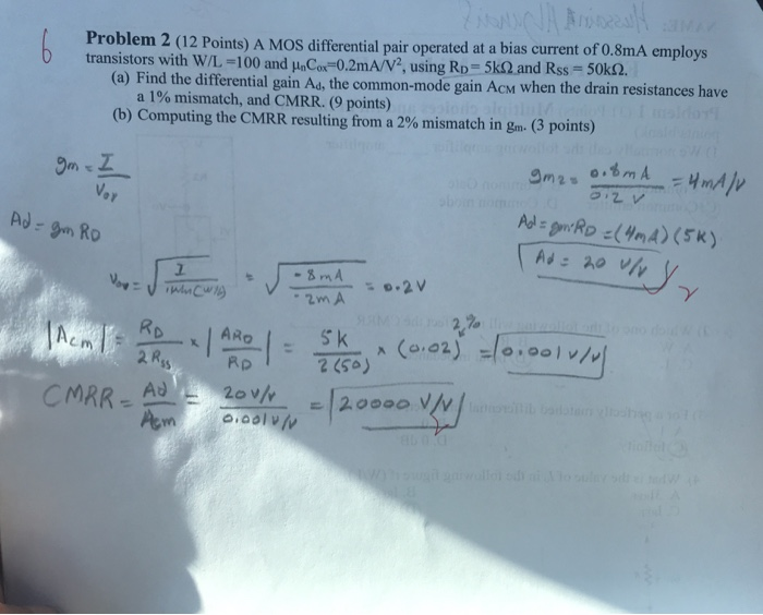 Solved Problem 2 (12 Points) A MOS differential pair | Chegg.com