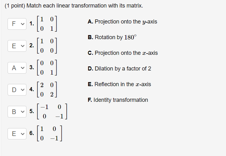 Solved (1 point) Match each linear transformation with its | Chegg.com