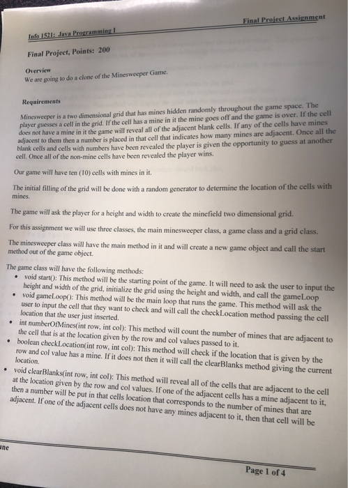 Solved Final Project Assignment Info 1521: Java ProgrammingI | Chegg.com