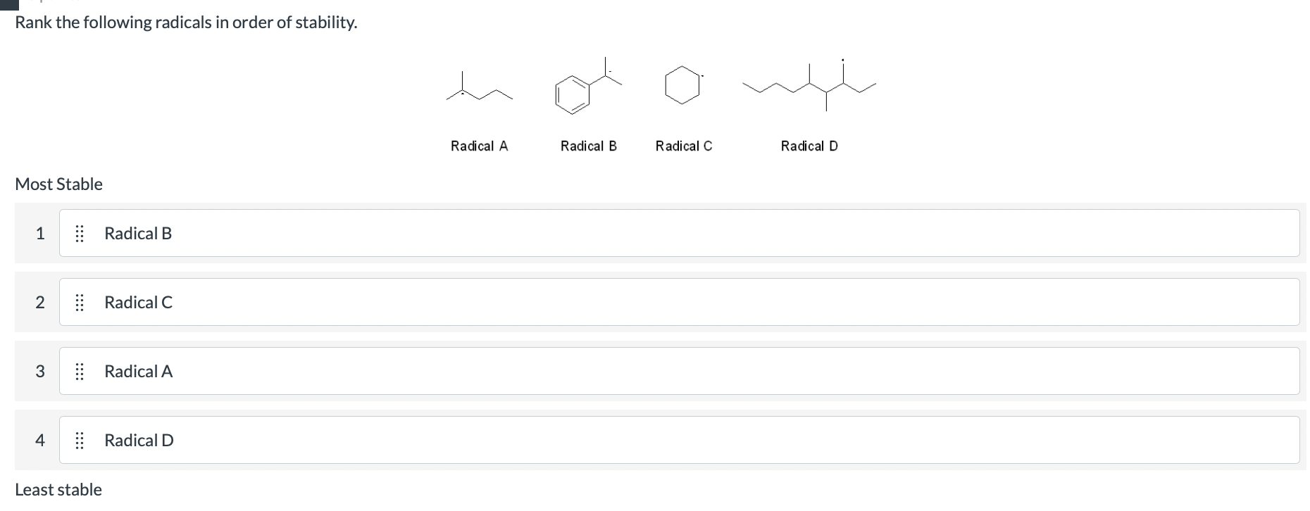 Solved Rank the following radicals in order of stability. bu | Chegg.com