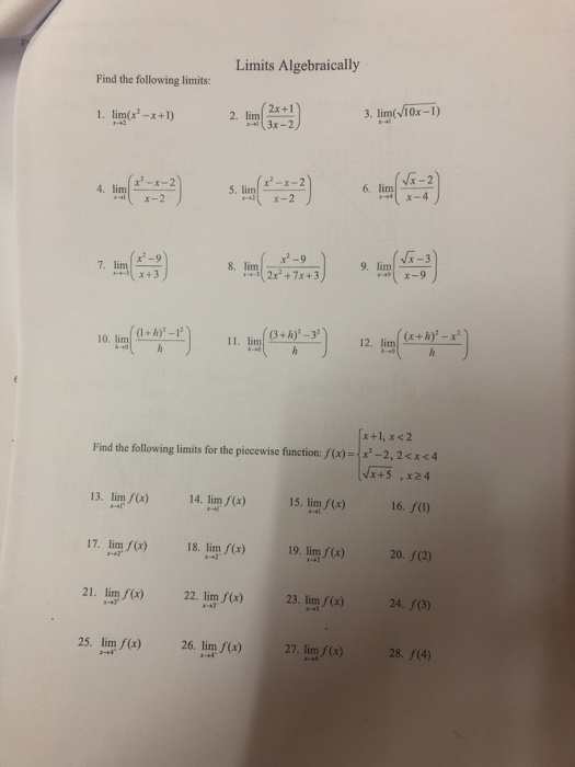 Solved Limits Algebraically Find the following limits: 1 | Chegg.com