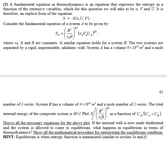 (2) A fundamental equation in thermodynamics is an | Chegg.com