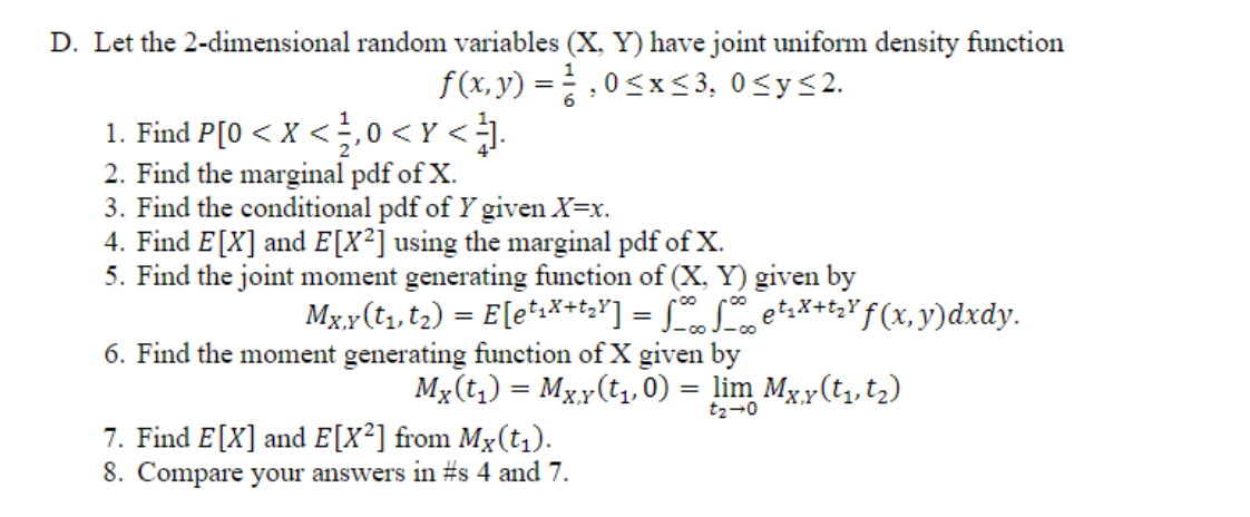 Solved D. Let the 2-dimensional random variables (X, Y) have | Chegg.com