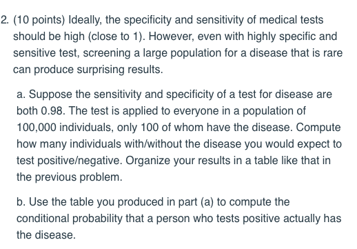 Solved 2. (10 points) Ideally, the specificity and | Chegg.com